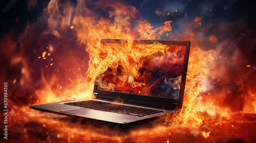 Burning laptop and keyboard, equipment fire due to faulty battery and ...