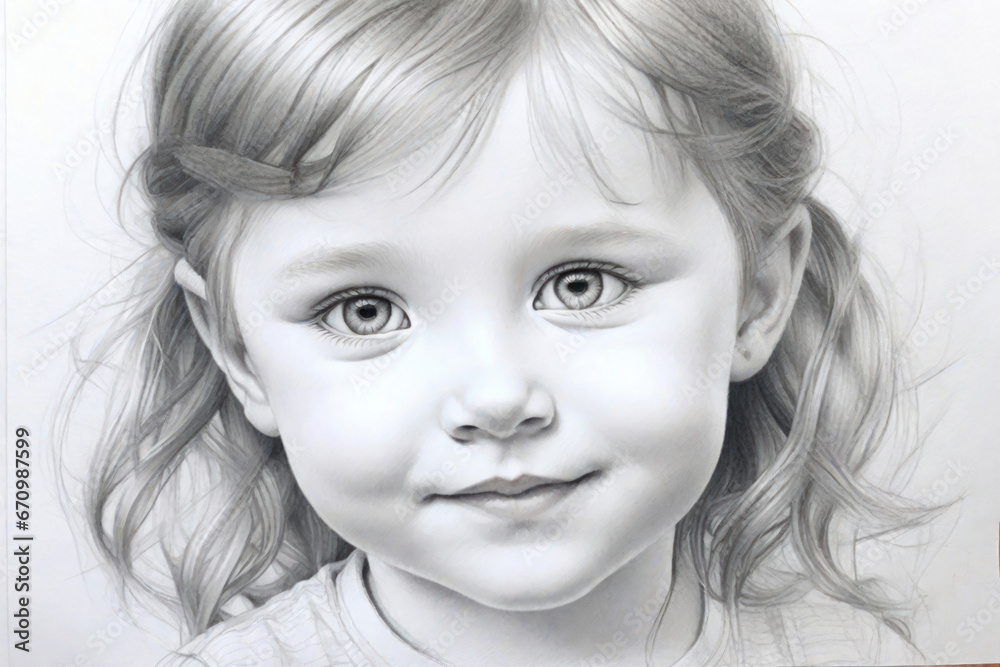 little girl portrait drawn with very hard pencil on tracing paper. ai ...