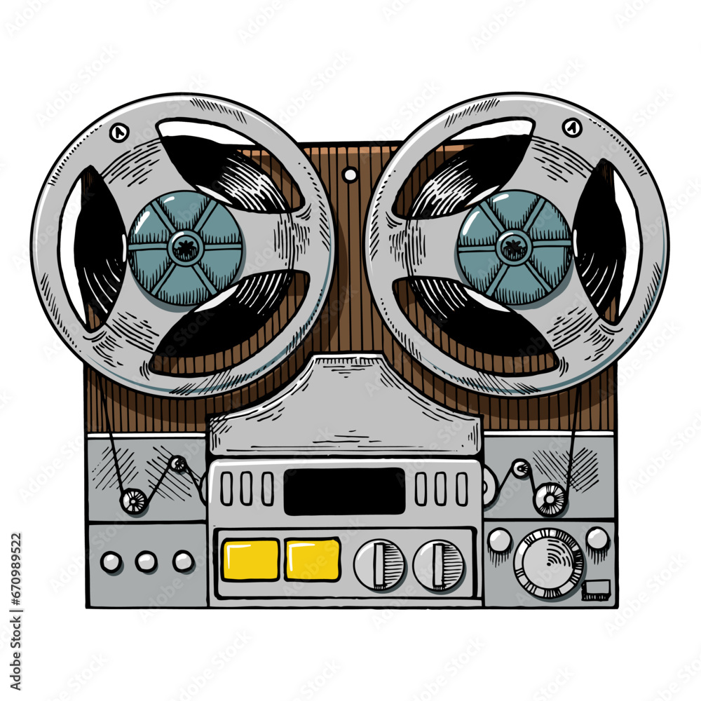 Tape recorder engraving sketch style hand drawn color vector ...