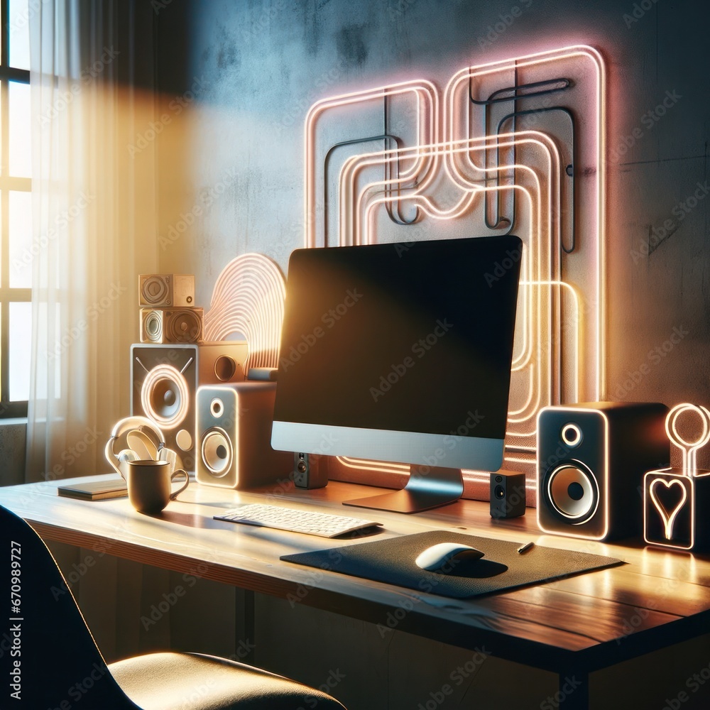 Immersed in a futuristic office, a sleek computer hums with creativity ...