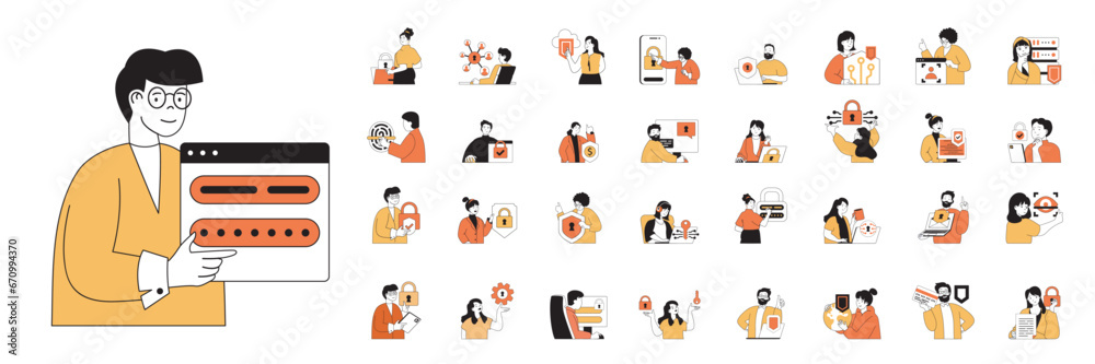 Cyber security concept with people situations mega set in flat web ...