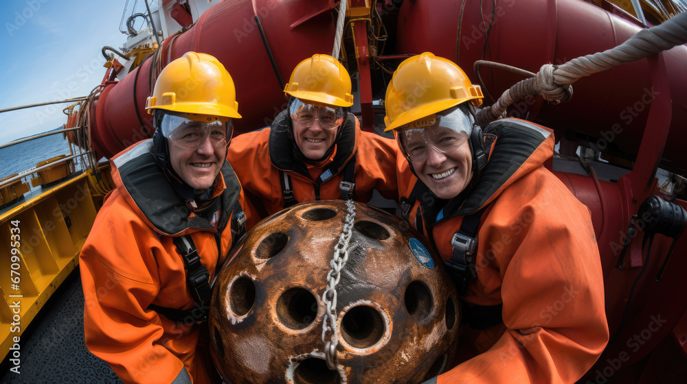 Group of offshore oil rig worker smiling and wearing personal ...