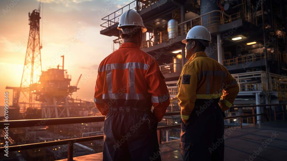 Group of offshore oil rig worker wearing personal protective equipment ...