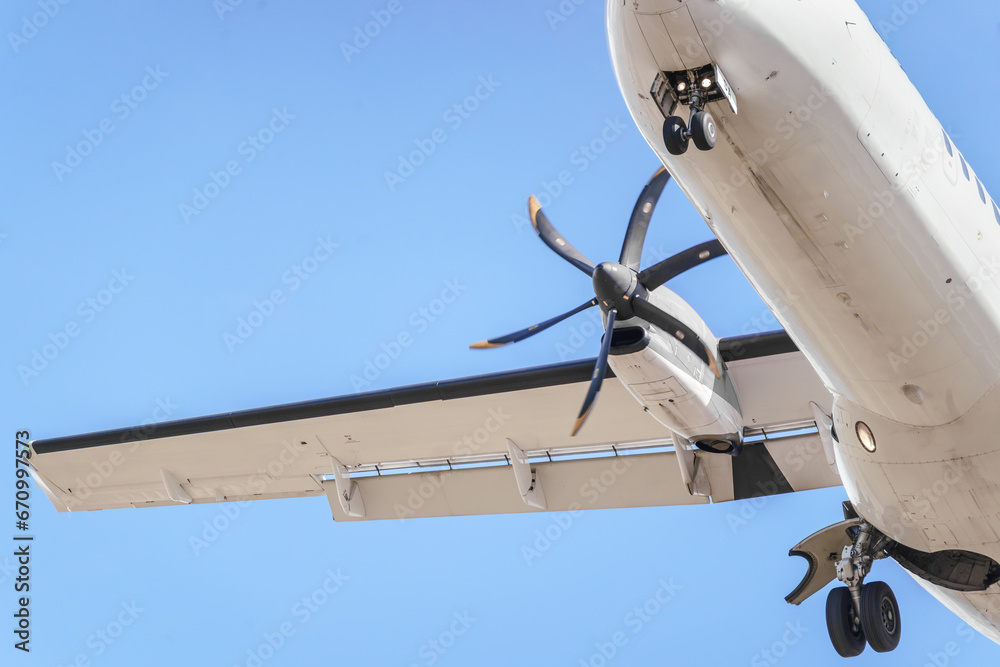 Details of an ATR 72 airplane, a twin-engine turboprop short-haul ...