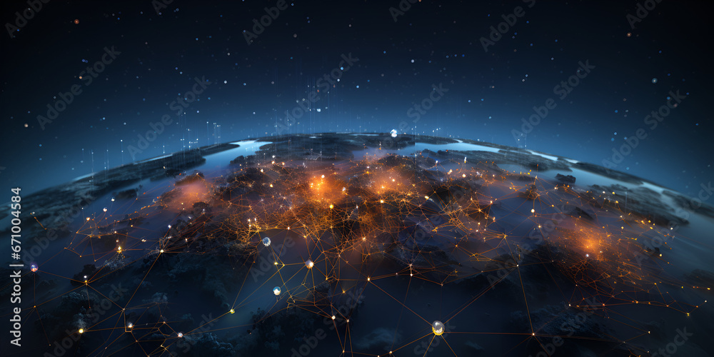 World map with glowing lines representing international connections. An ...