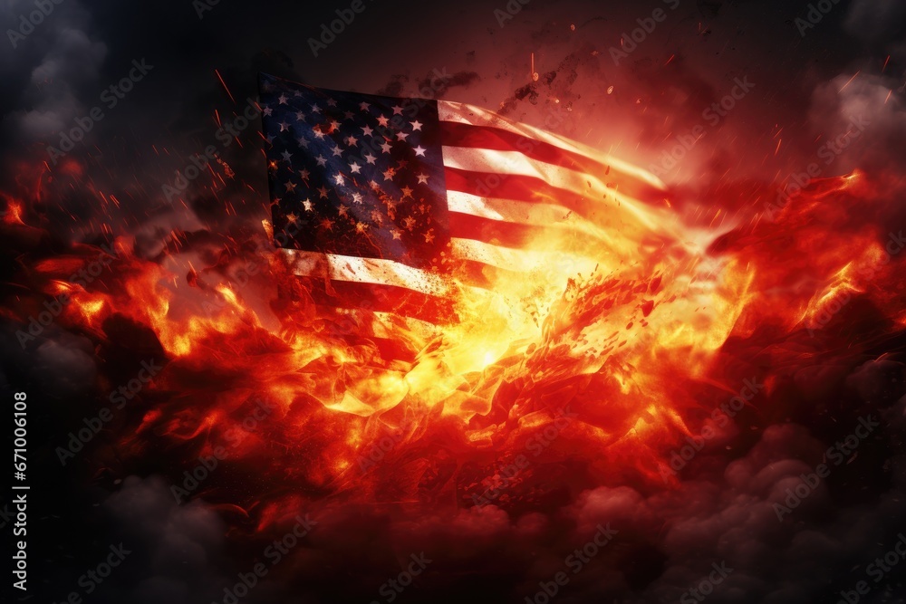 United states of America burning in flames on black background. 3D ...