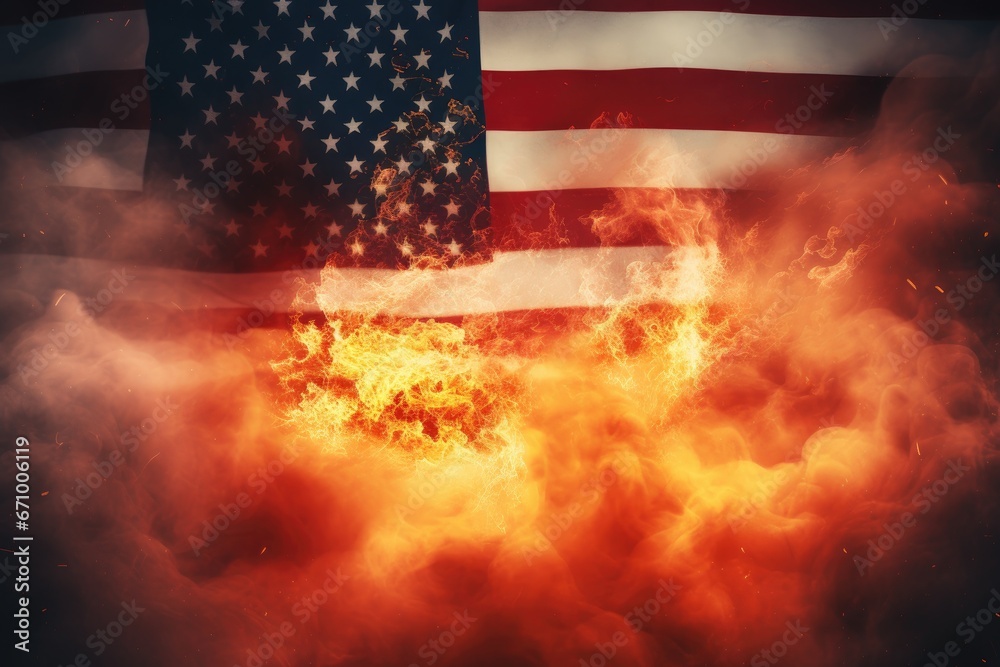 American flag with smoke and fire on a dark background. 3d rendering ...