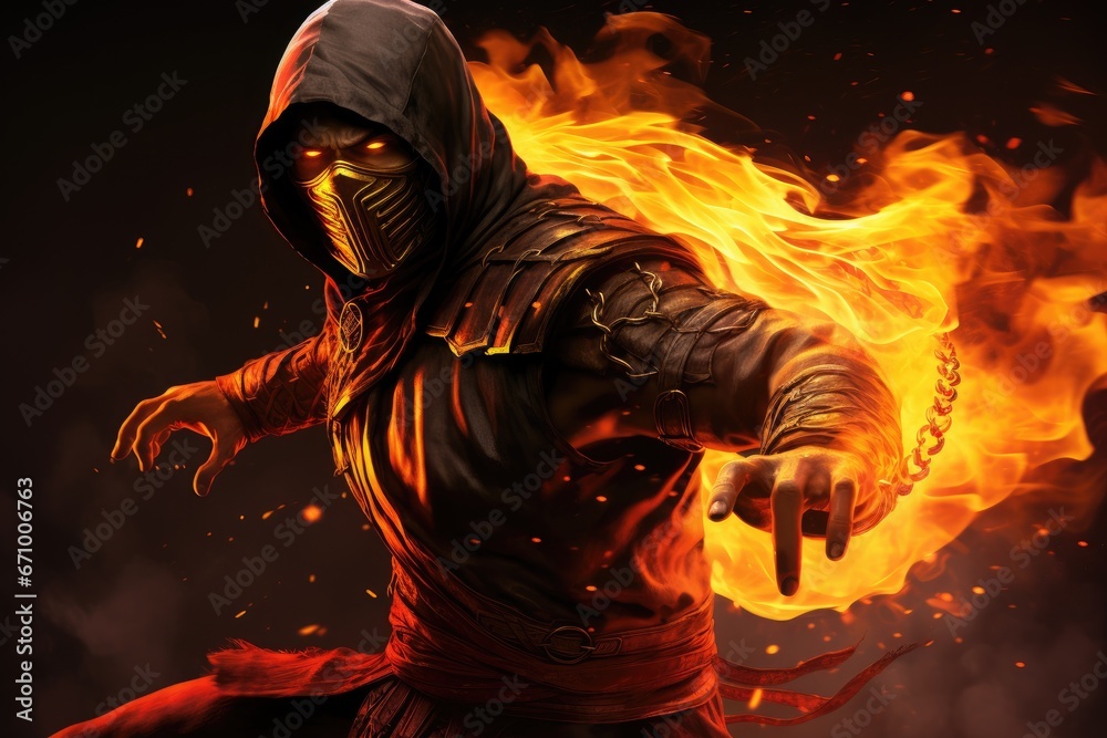 Warrior with a sword in fire flames on a black background, Witness the Flaming Shadows, a ...