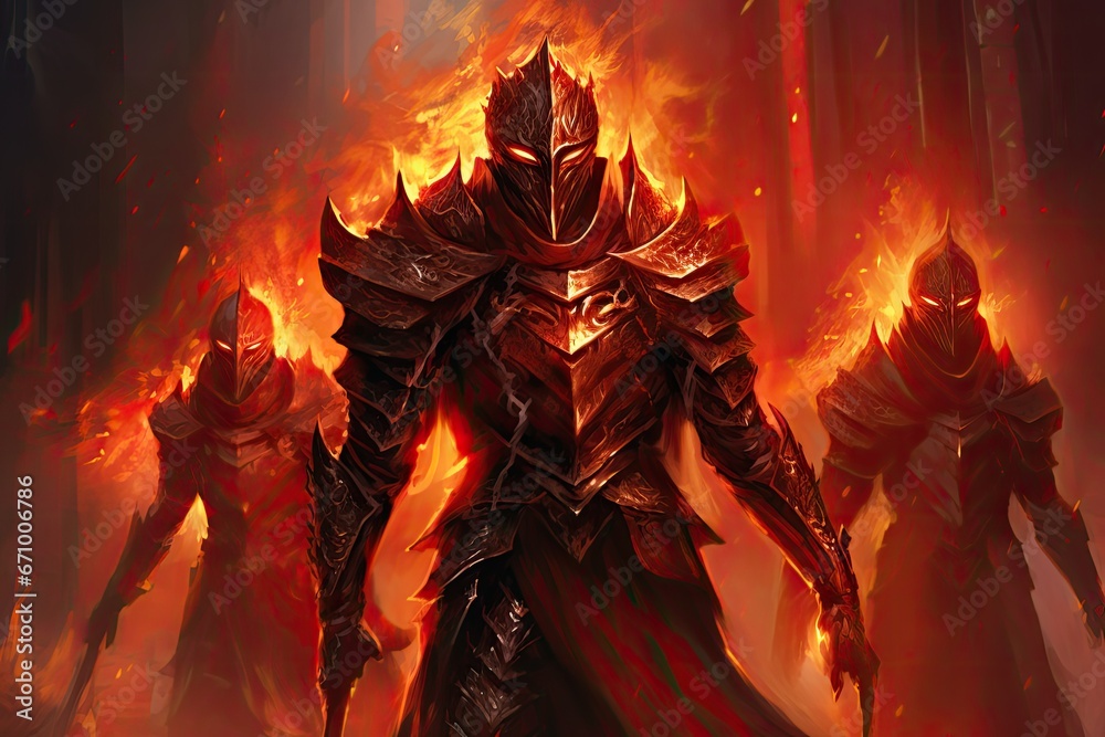 3D Illustration of a Fantasy Character with Flames in the Background ...