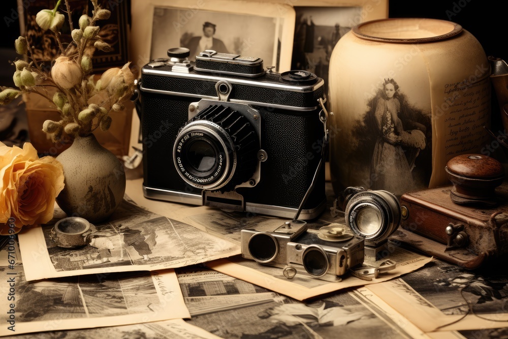 Vintage camera, old photos and a candle on a dark background, Vintage ...
