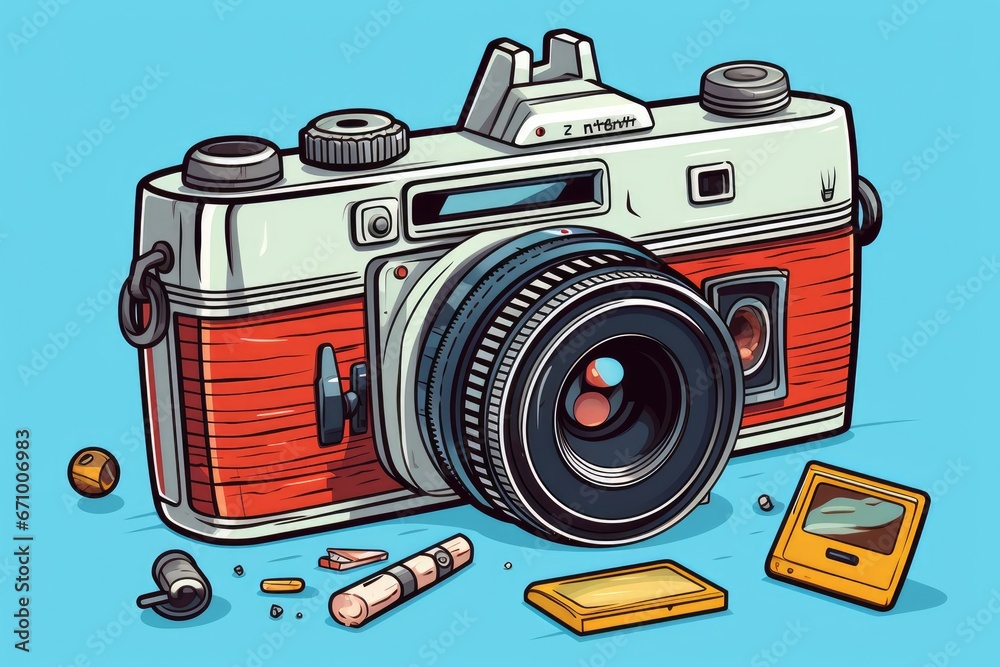Retro camera with lens and film on blue background, vector illustration ...
