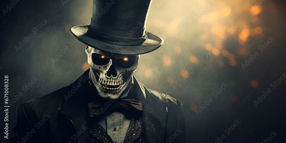 A man in a top hat with the word skull on it Halloween theme dark ...