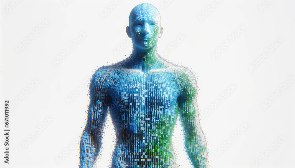 Digital humanoid figure, made up of binary code in a neutral pose ...