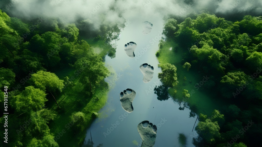 Human footprints imprinted in the lush, untouched greenery of a dense ...