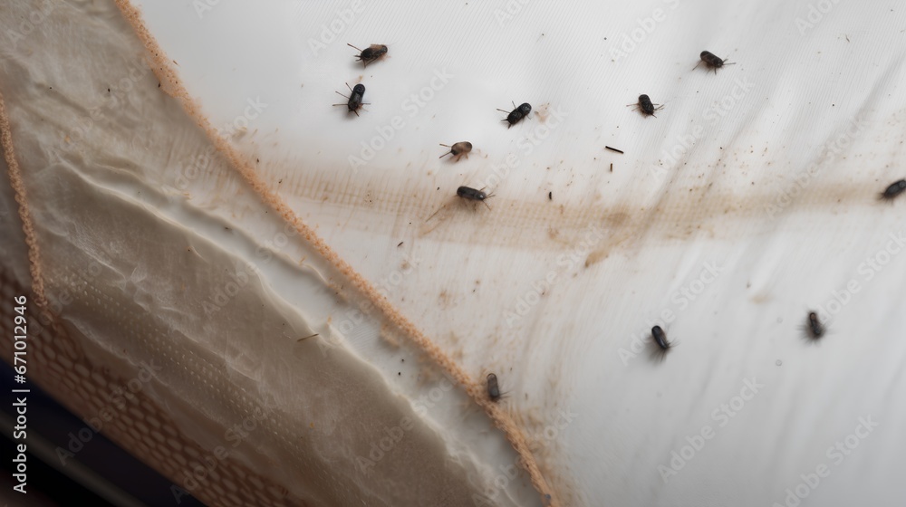 Bed bug infestation on a mattress. The markings are indicative of a ...