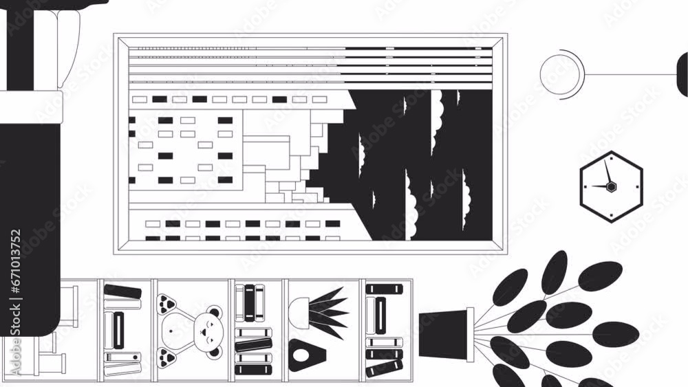 Inverted room cozy interior bw outline cartoon animation. Blinking ...
