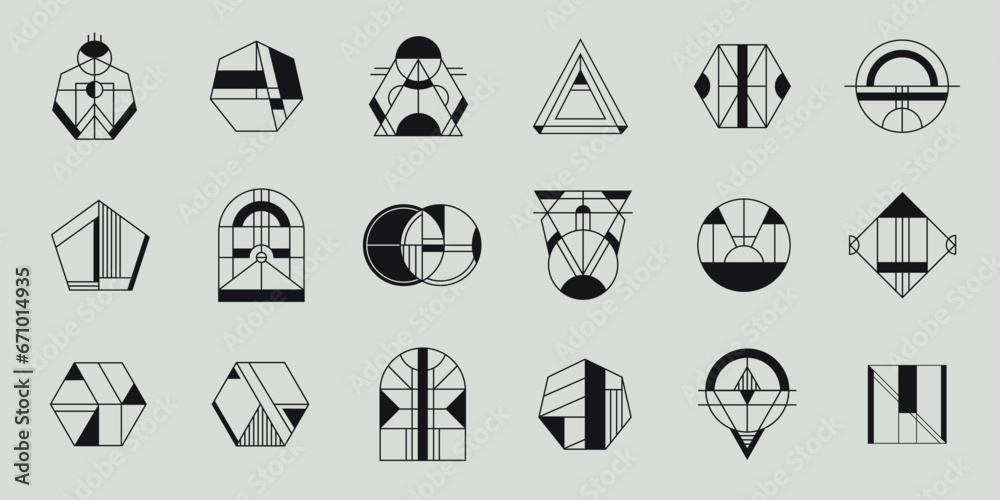 Vector set of geometric shape logos, hipster, art deco line signs ...