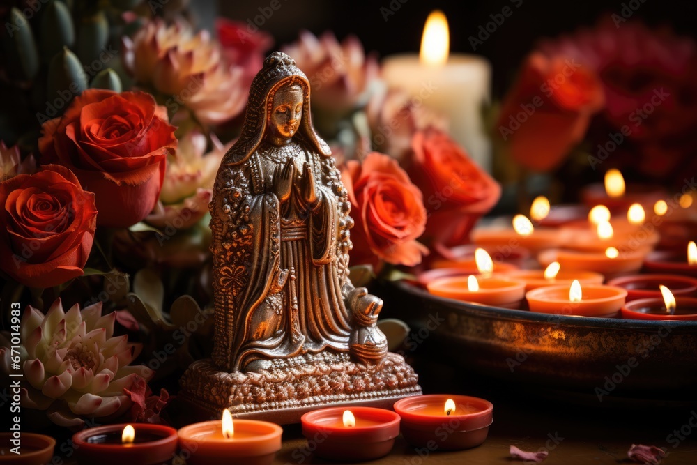 Christian altar with Virgin Mary statue decorated with flowers and ...
