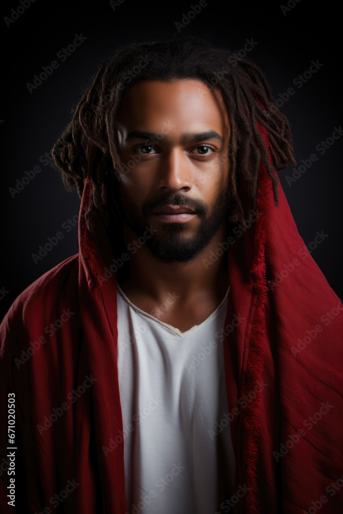 Black Jesus Christ. African american diversity. Red and white robe ...