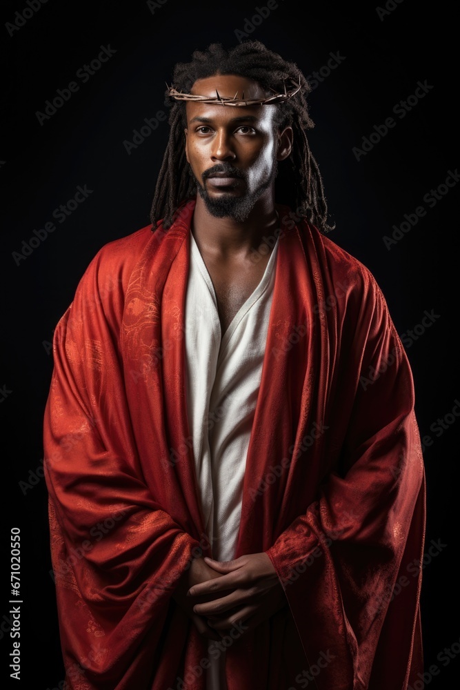 Black Jesus Christ. African american diversity. Red and white robe ...