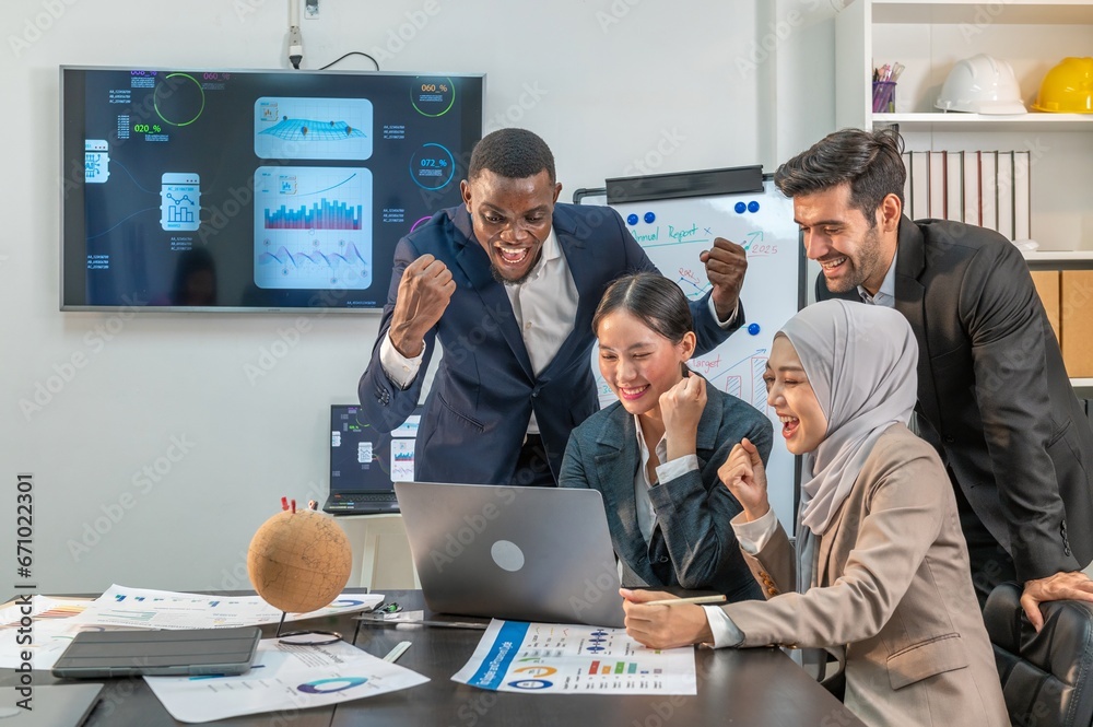 collaboration teamwork partnership multiethnic coworkers look laptop ...