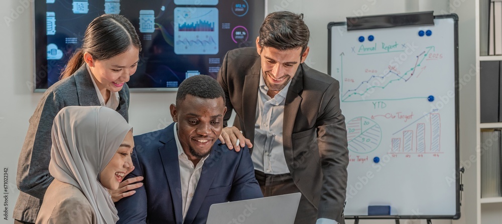 collaboration teamwork partnership multiethnic coworkers look laptop ...