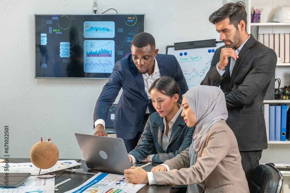 collaboration teamwork partnership multiethnic coworkers look laptop ...