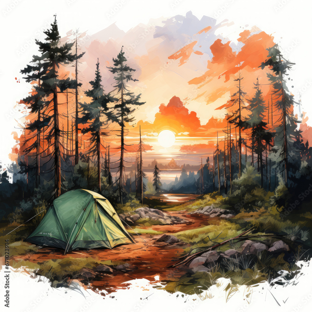 Watercolor ripped tent spruces sunset axe laying on ground Clipart ...