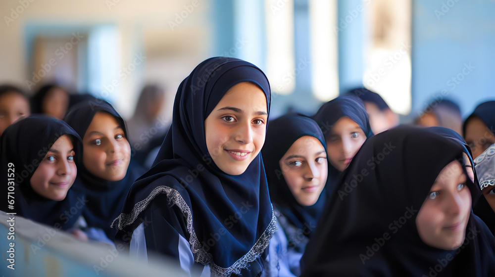 Muslim school girls at school Stock Illustration | Adobe Stock