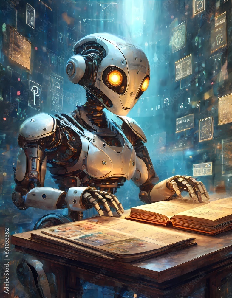 Robot in a study environment, reading and studying old books ...
