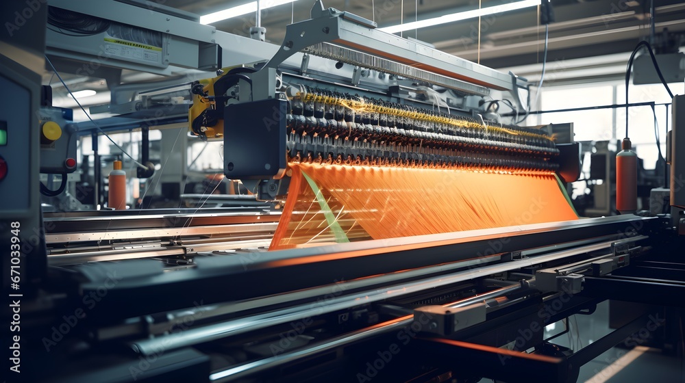 AI-driven textile production, medium-angle shot of textile machines ...