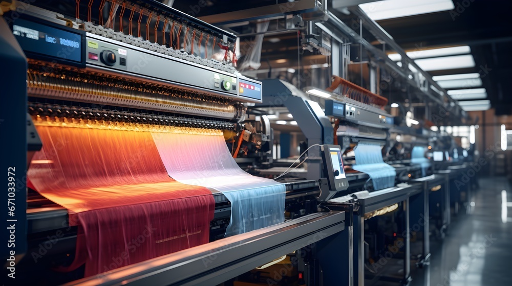 AI-driven textile production, medium-angle shot of textile machines ...