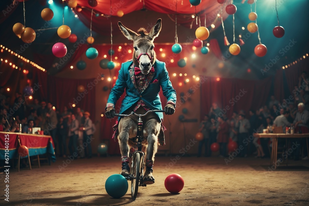 AI illustration of a donkey in a blue suit joyfully rides a bicycle in ...