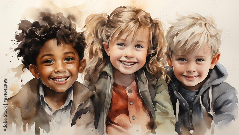Vibrant Watercolor Portrait of Three Joyful Children with Diverse Skin ...