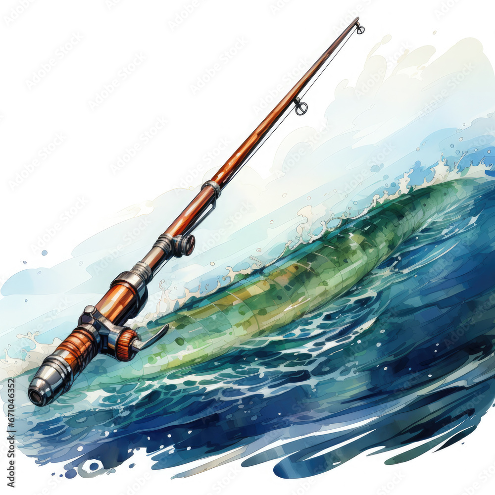 Watercolor Rod fishing white background Clipart, Generative Ai Stock ...