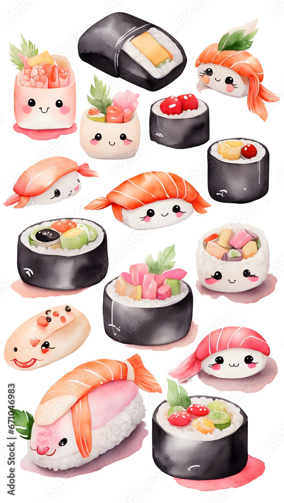 Watercolor set of kawaii cute sushi food. Set of Japanese food. Stock ...