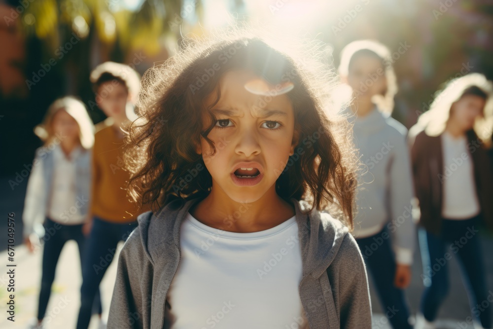 Multiethnic group of schoolchildren with their leader looking at camera ...