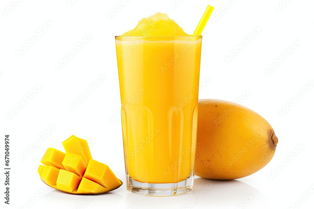 Tall glass of mango juice with mango slice and straw Stock Photo ...