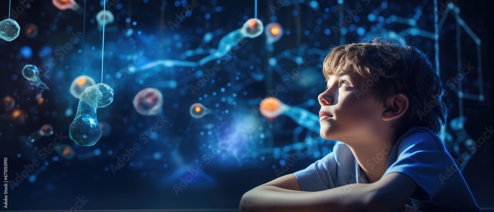 double exposure photography of boy student thinking in science class ...