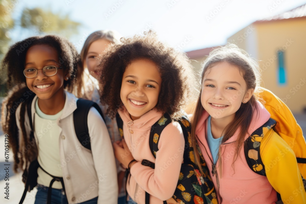 Happy schoolgirls group hugging and looking at camera. Smiling ...