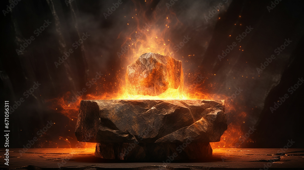 Pedestal stone podium in Fire with fire spark on drak background. made ...