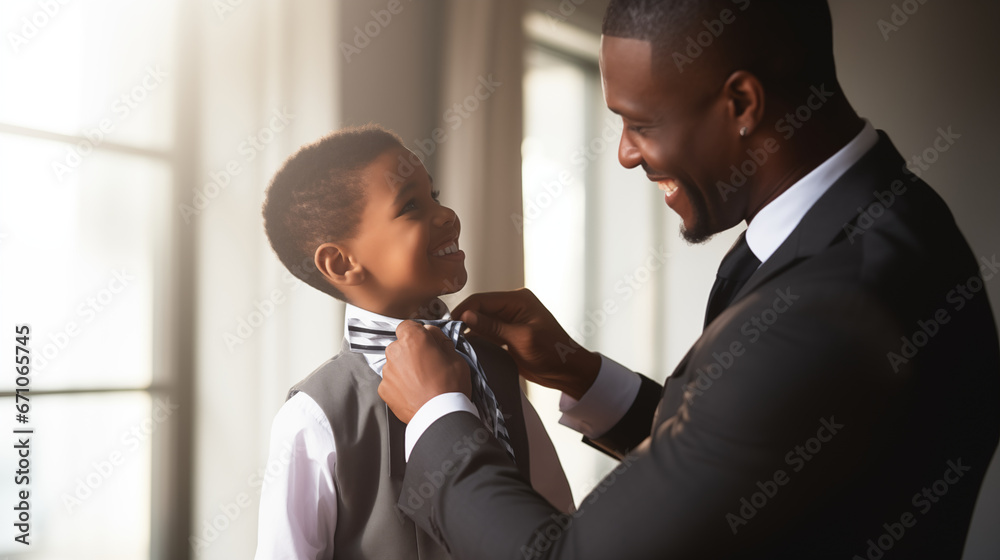 Father teaching his son to tie a tie, African American, blurred ...