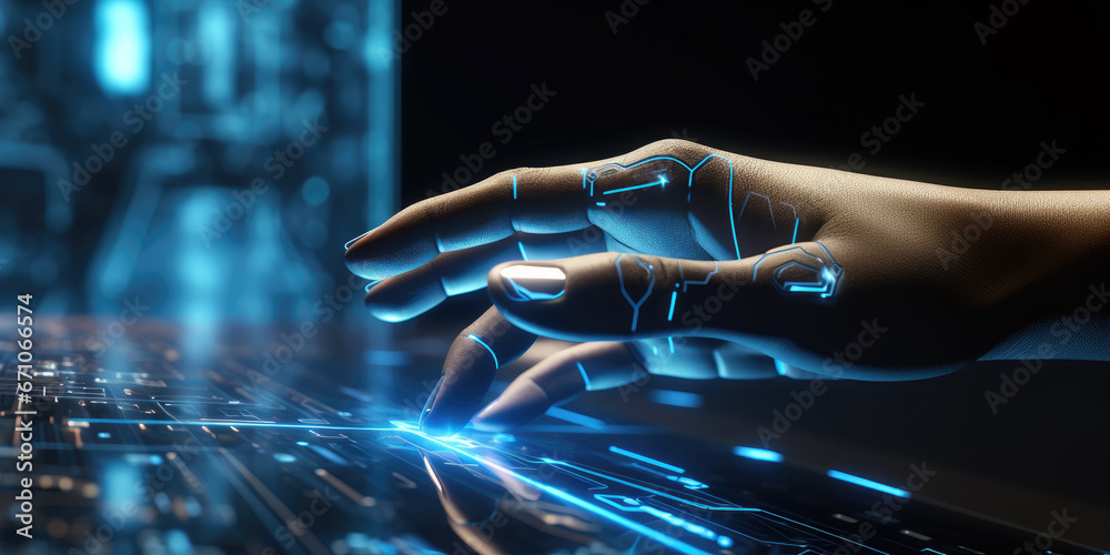 Human hand blending into AI robotic hand, in hi tech environment, using ...