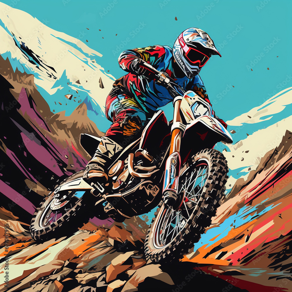 Motocross rider, vectorized image, 2d line style drawing, colorful ...