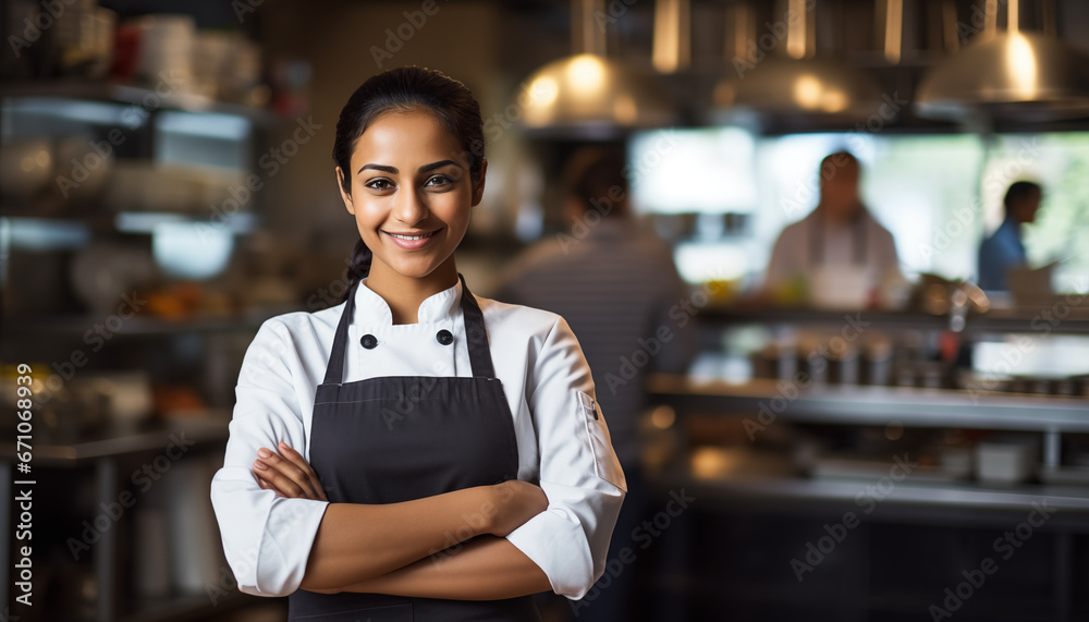 Smiling Indian female chef with hands crossed in the kitchen Stock ...