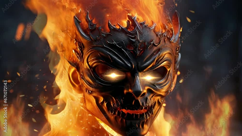 Scary devil mask on fire video animation, seamless looping video ...
