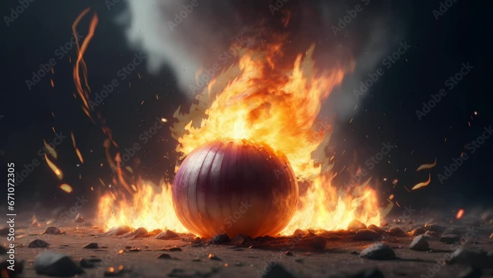 Onion on fire video animation, seamless looping video animated ...