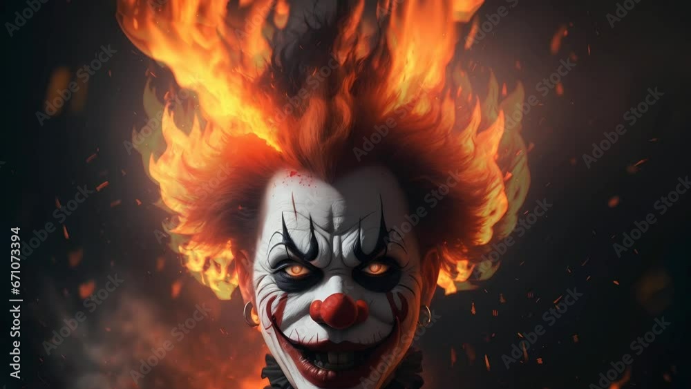 scary clown mask on fire, seamless looping video animated background ...