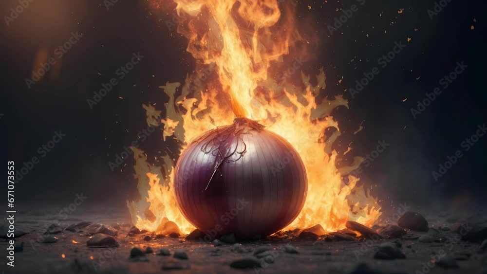 Onion on fire isolated at dark background, seamless looping video ...