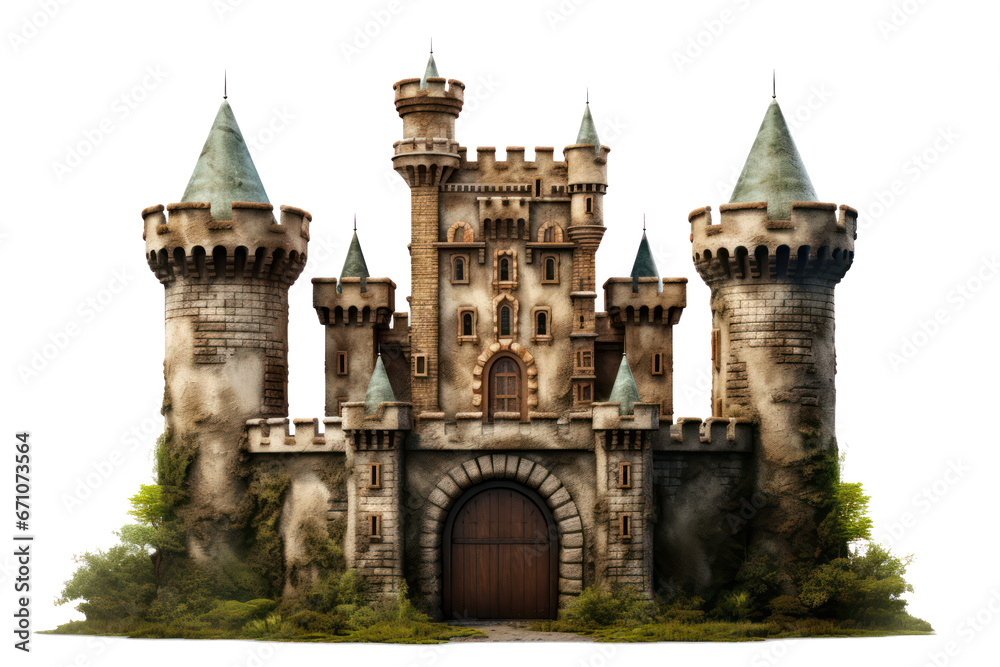 Medieval castle surrounded trees, isolated on a transparent background ...
